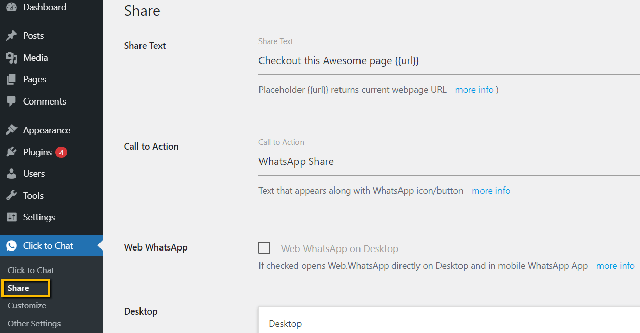 Enable Share Feature - Click to Chat