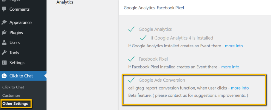 Google Ads Conversion for Click to Chat plugin - Click to Chat